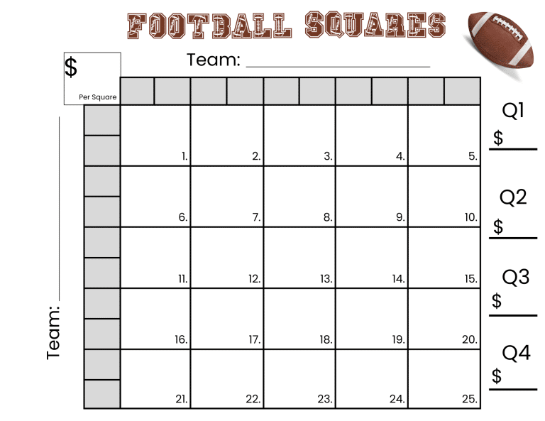 50 football Squares Game Printable 5×10 football Squares (Instant Download)