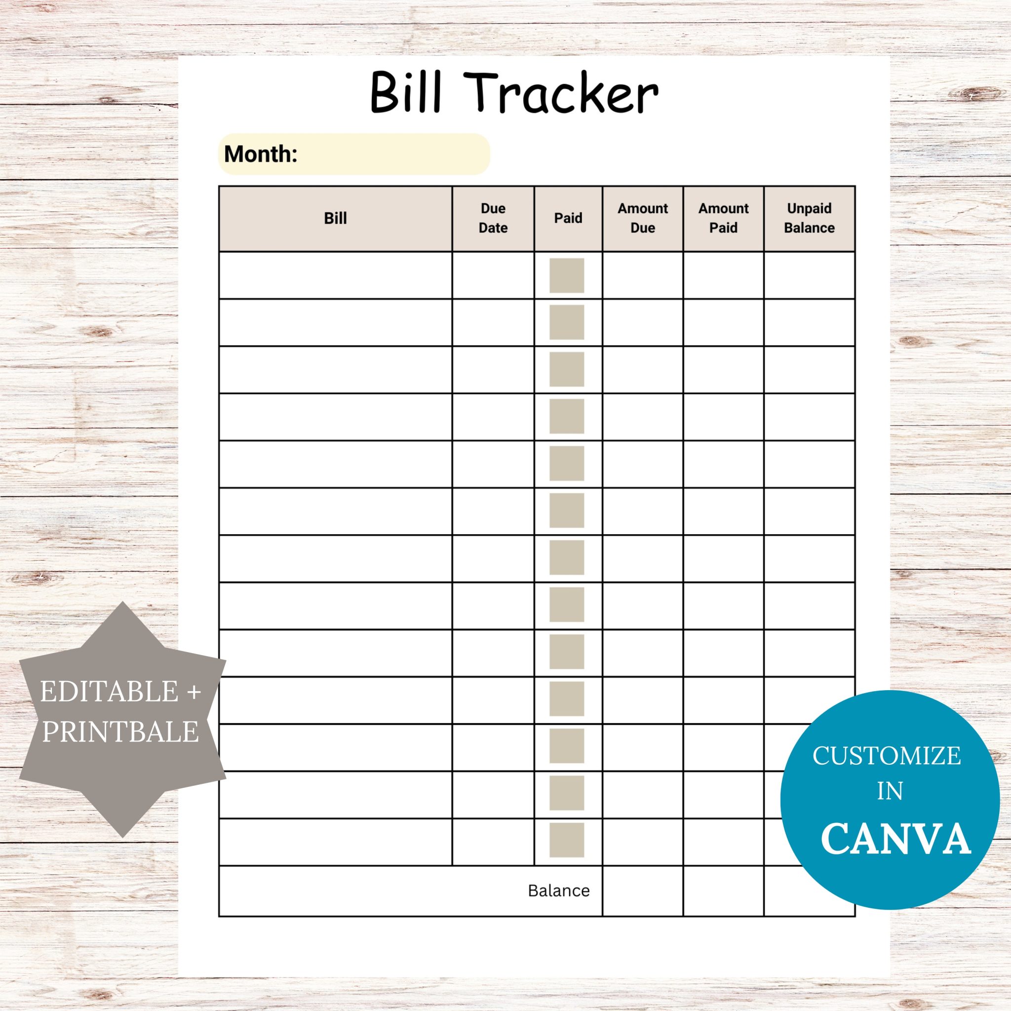 Editable Monthly Bill Payment Tracker Printable