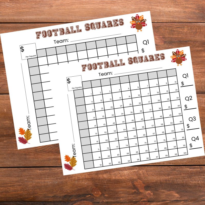 100 thanksgiving football Squares Game Printable