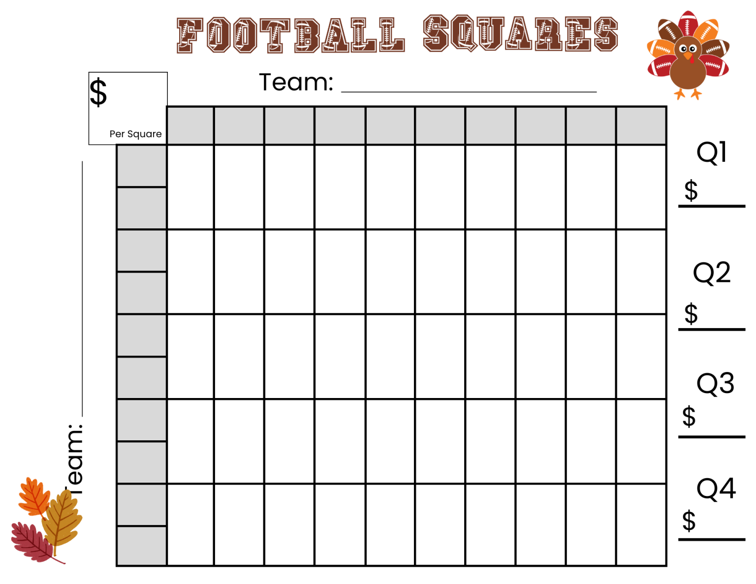 100 thanksgiving football Squares Game Printable