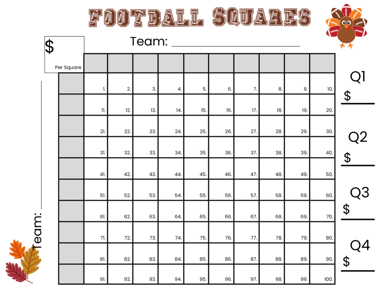 100 thanksgiving football Squares Game Printable