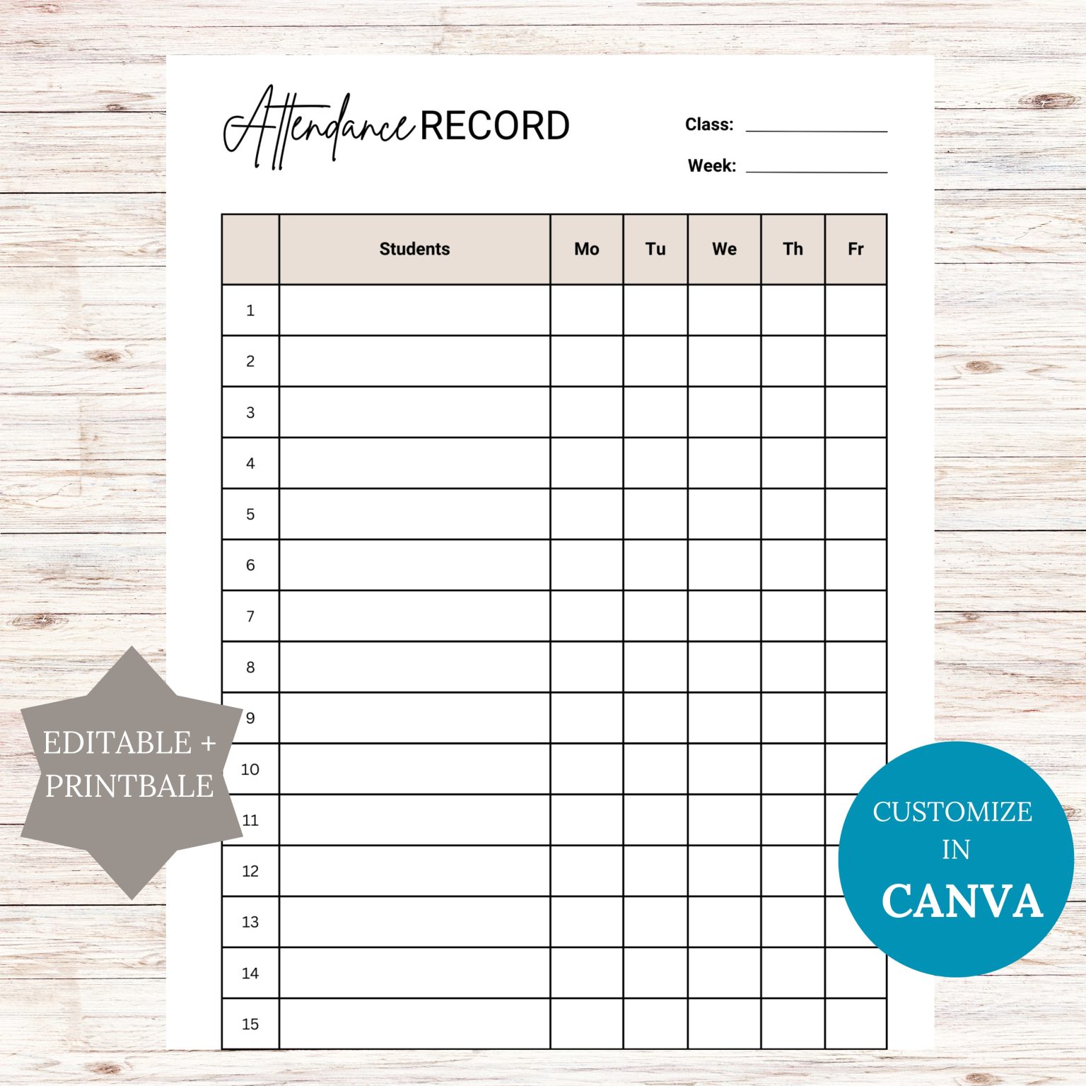 Editable Weekly Attendance Record Printable
