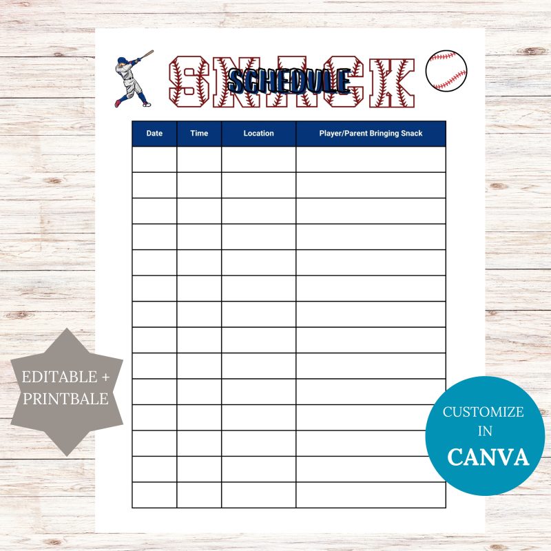 Editable Baseball Snack Sign Up Sheet Printable (Instant Download)