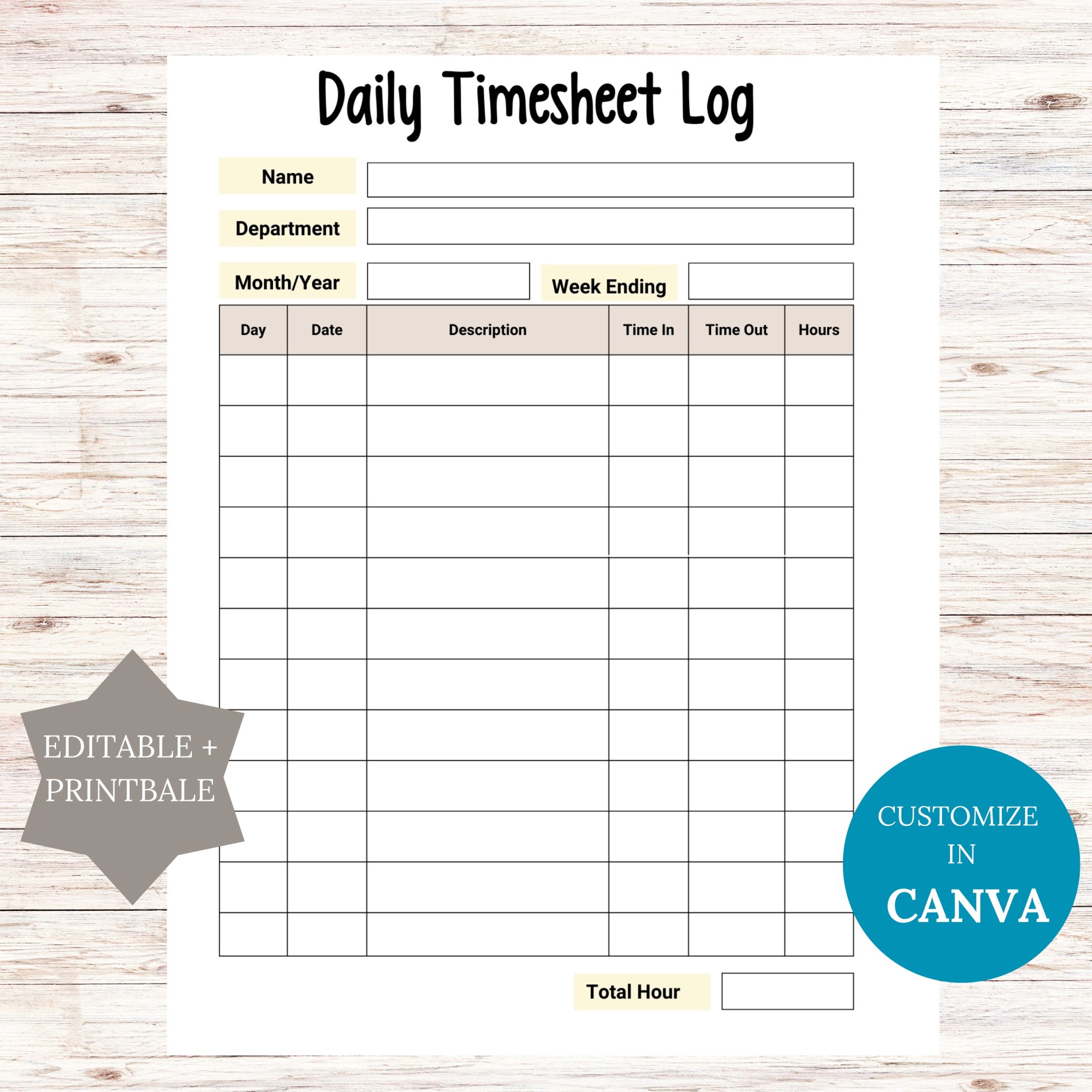 Editable Daily Timesheet Log Printable