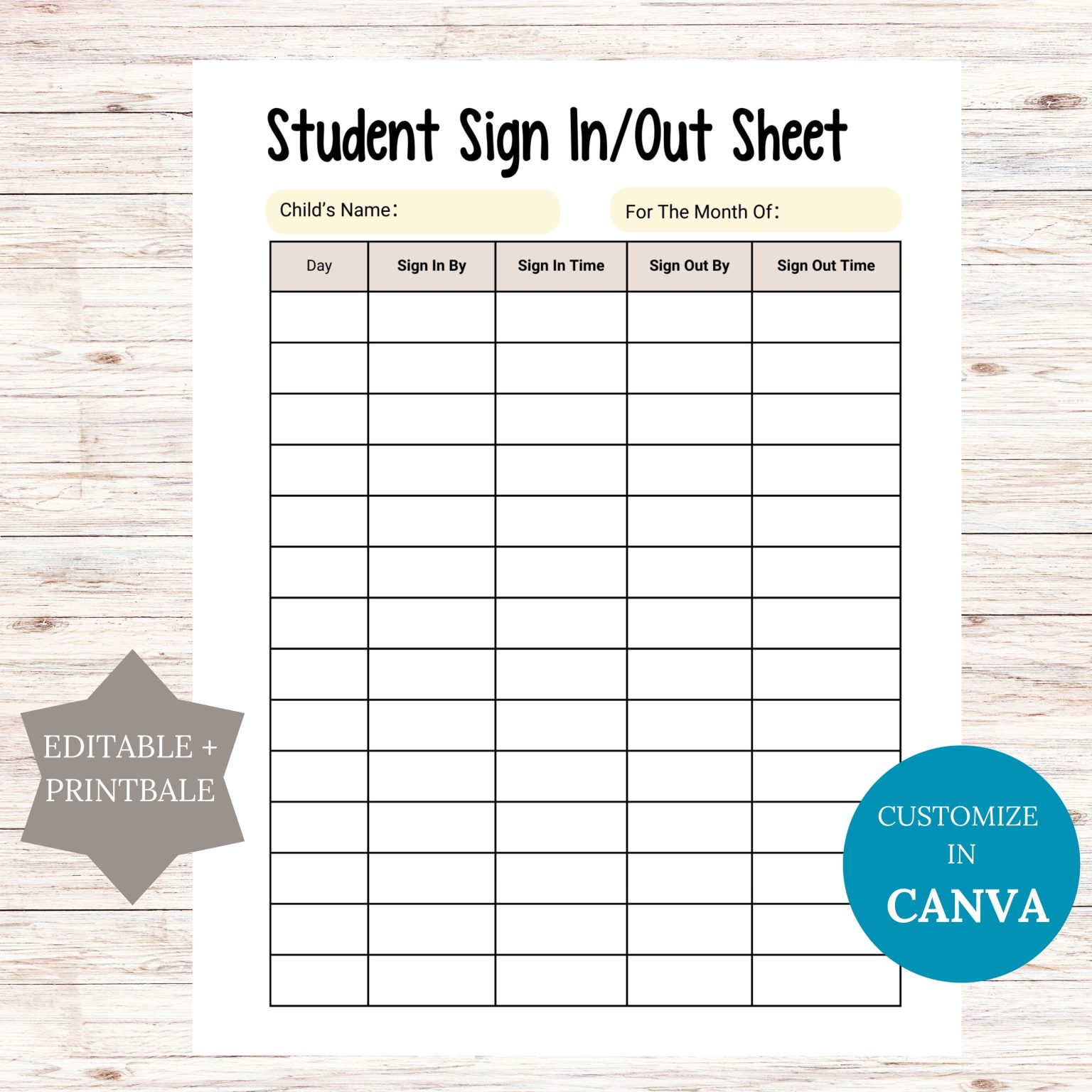 Editable Daycare Sign In Sheet Printable