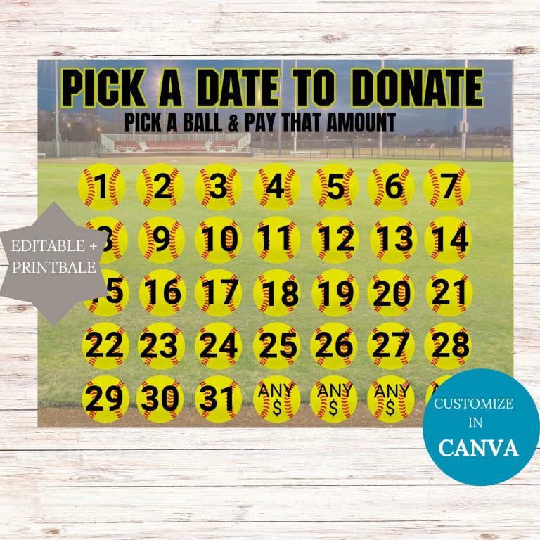 Editable Softball Pick a Date to Donate Calendar Fundraiser Printable