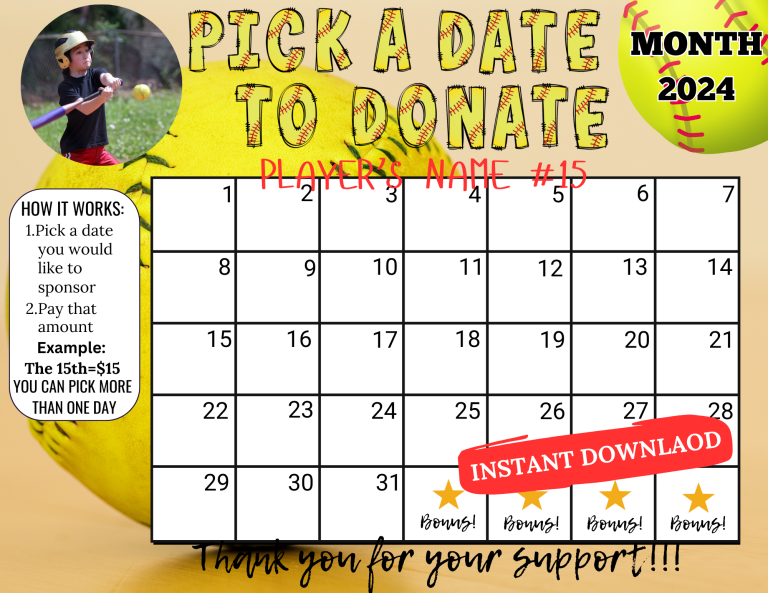 Editable Softball Pick a Date to Donate Calendar Fundraiser Printable ...