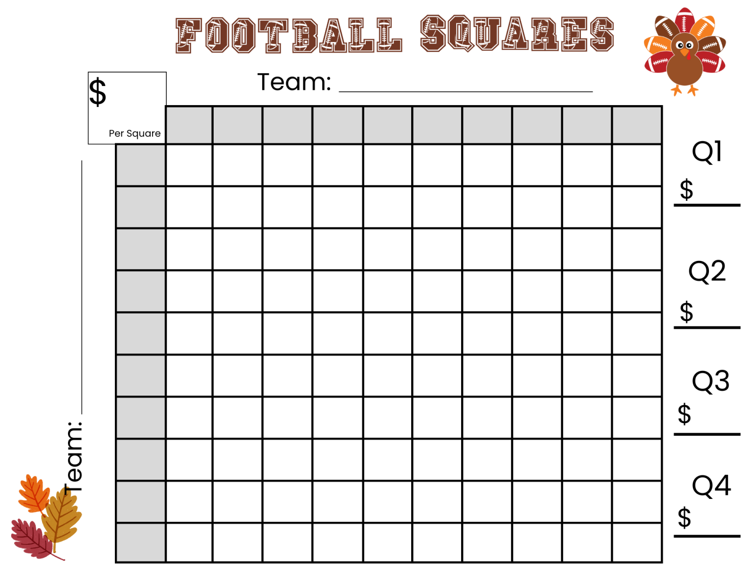 100 thanksgiving football Squares Game Printable