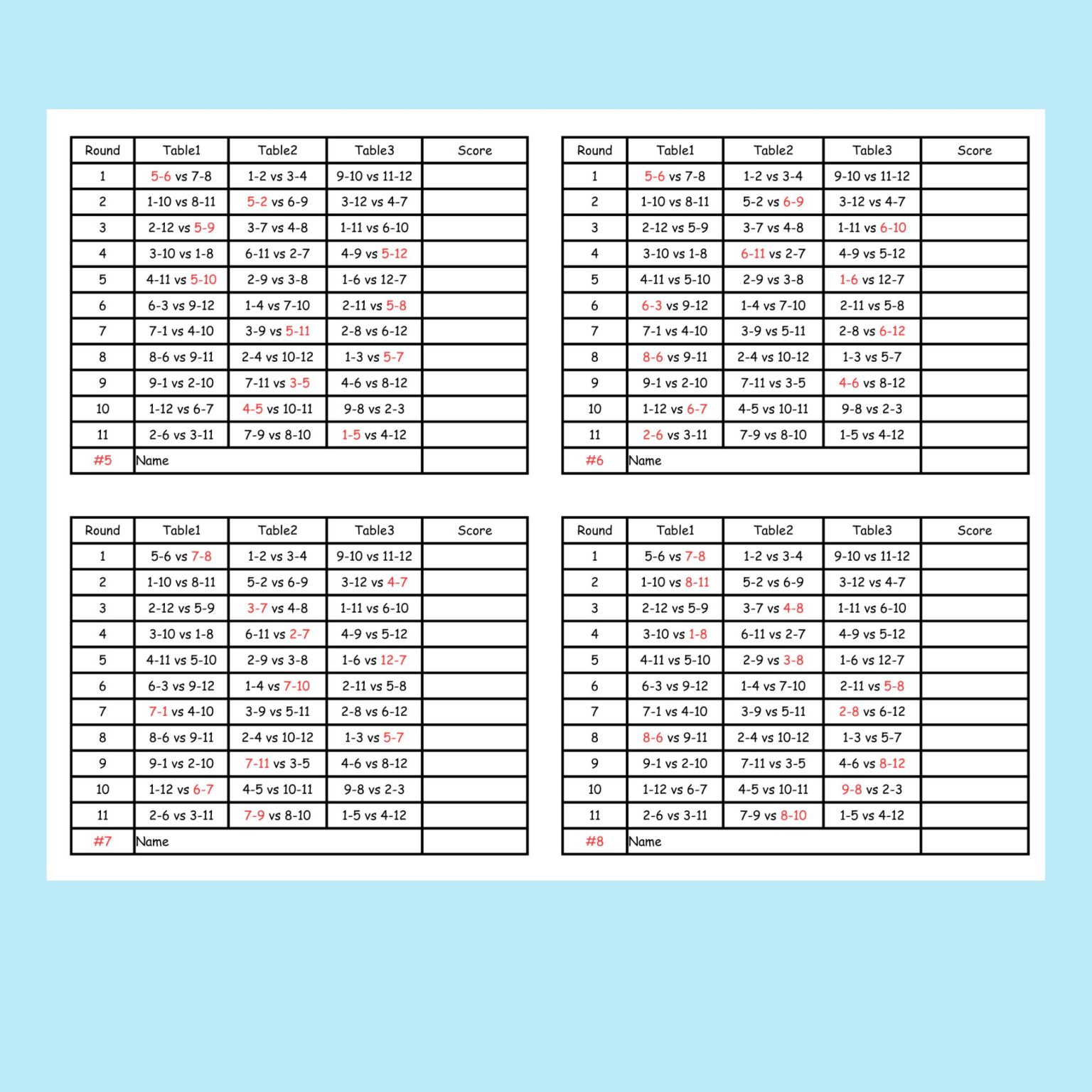 12 Person Euchre Tournament Rotation 3 Table Score Card