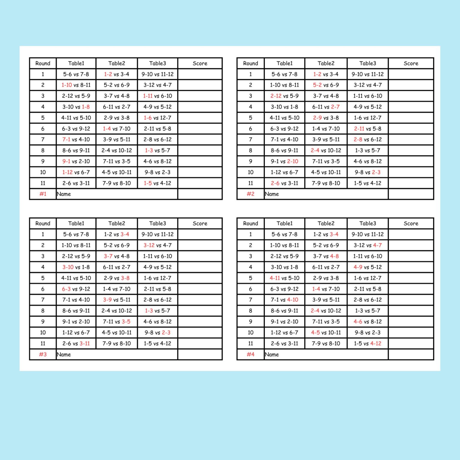 12 Person Euchre Tournament Rotation 3 Table Score Card