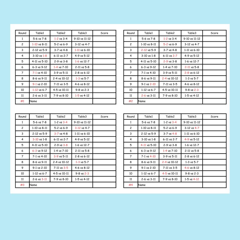 12 Person Euchre Tournament Rotation 3 Table Score Card