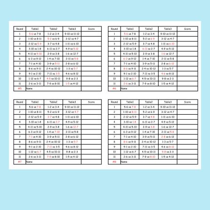 12 Person Euchre Tournament Rotation 3 Table Score Card