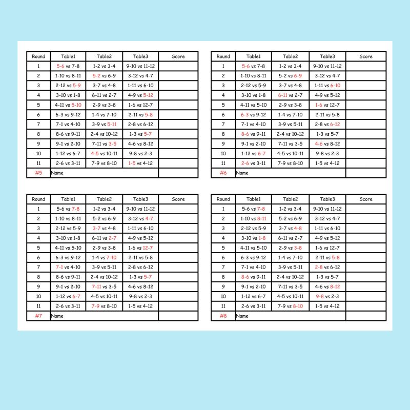 12 Person Euchre Tournament Rotation 3 Table Score Card