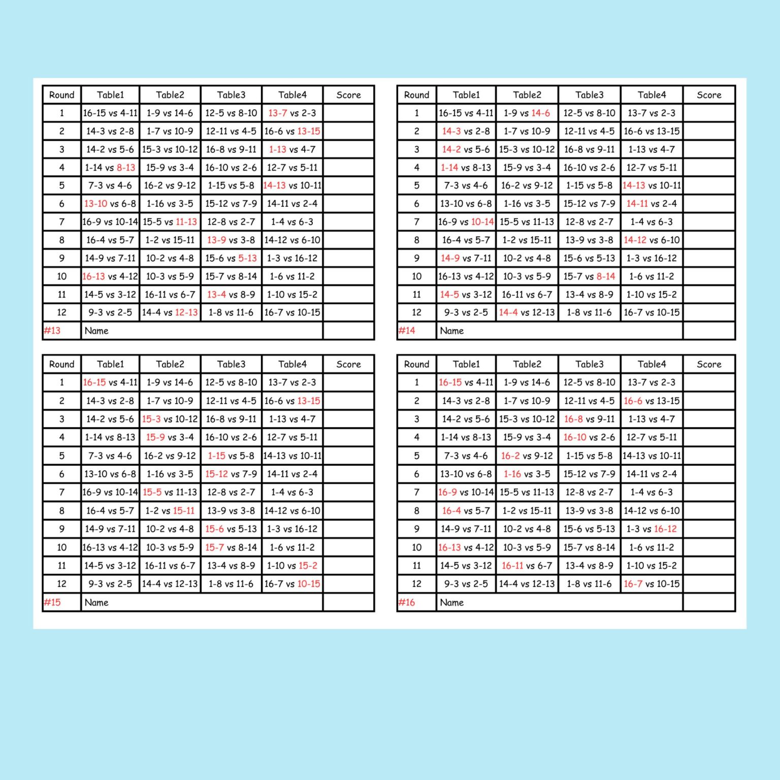 8 Person Euchre Tournament Rotation 2 Table Score Card