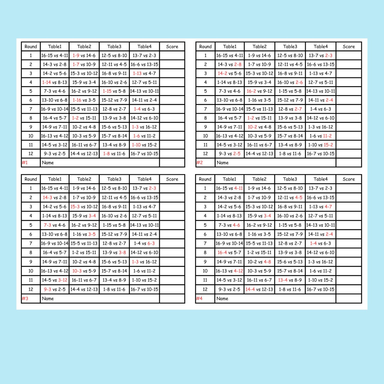 16 Person Euchre Tournament Rotation 4 Table Score Cards