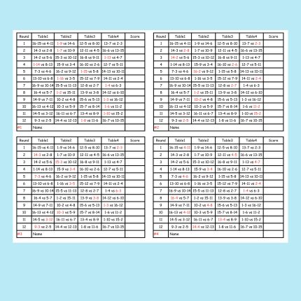 16 Person Euchre Tournament Rotation 4 Table Score Cards