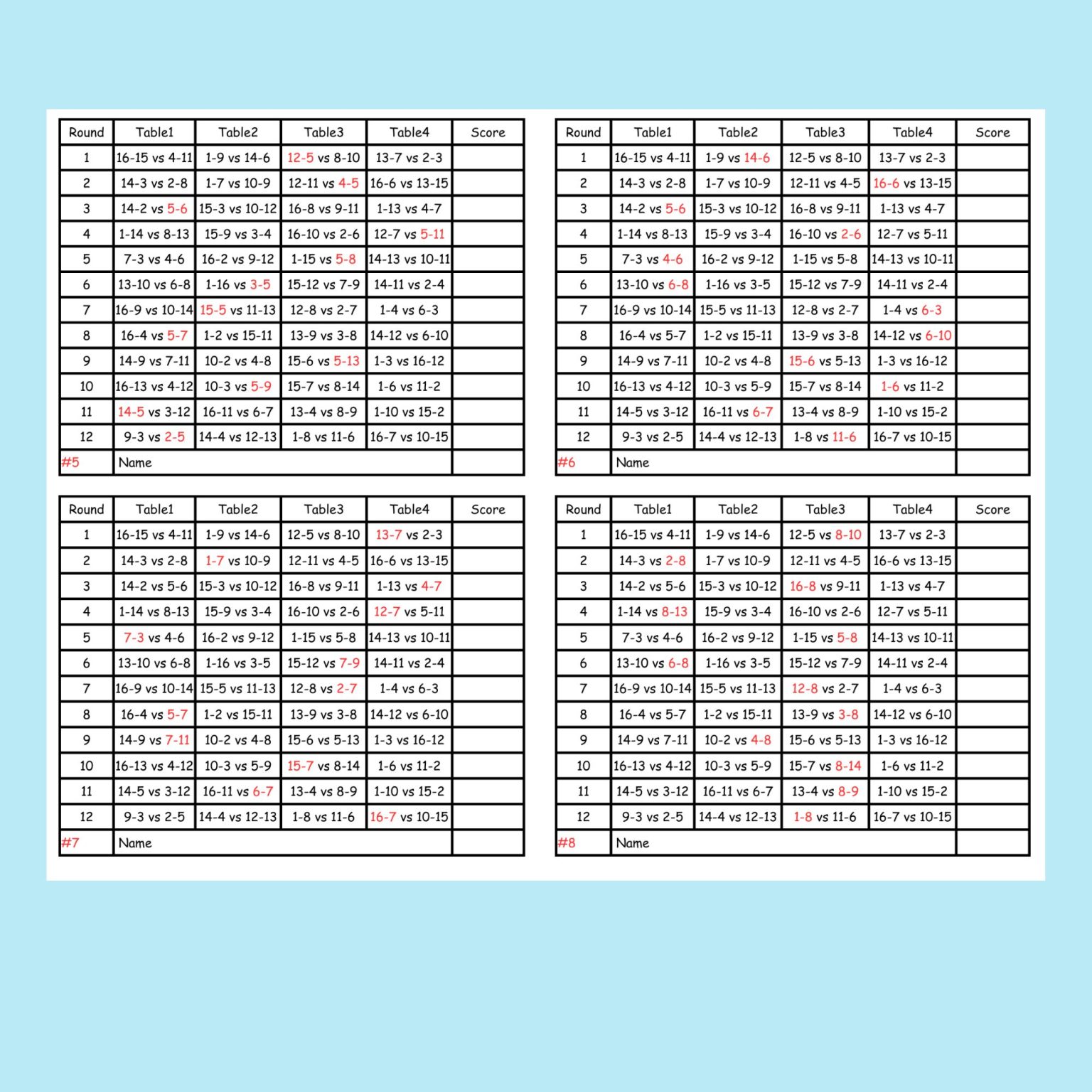 16 Person Euchre Tournament Rotation 4 Table Score Cards