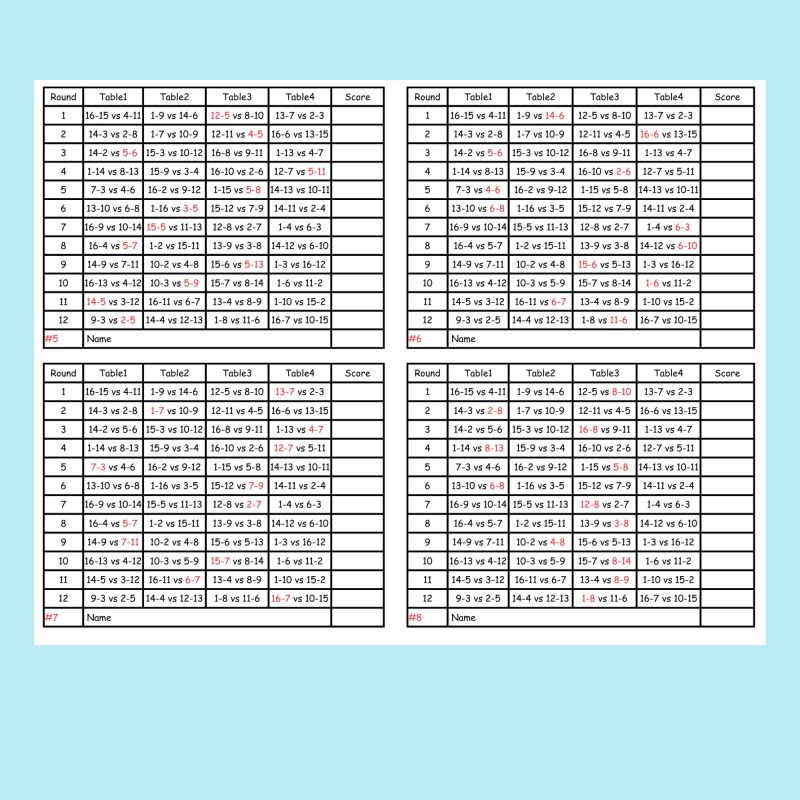 16 Person Euchre Tournament Rotation 4 Table Score Cards