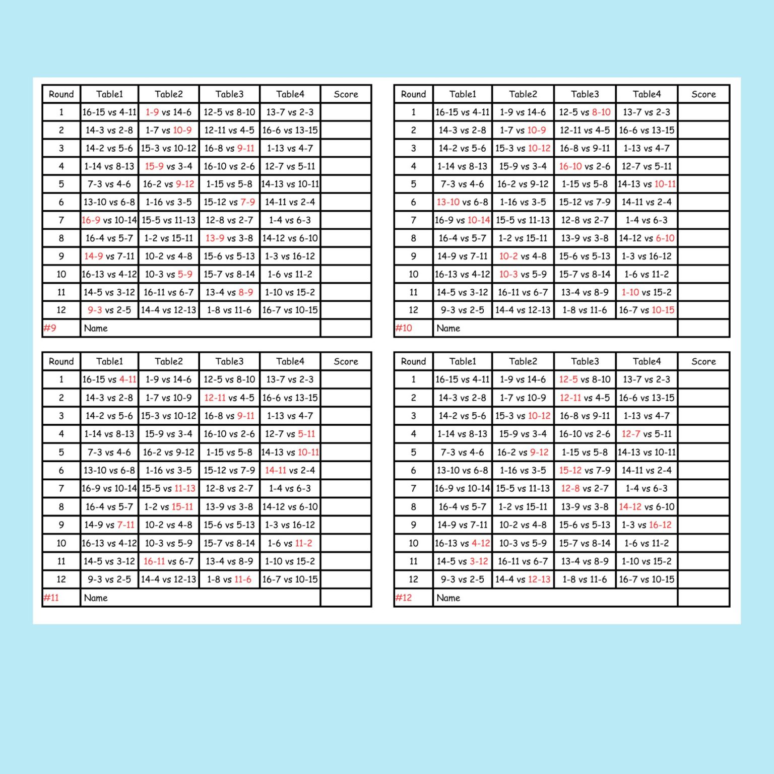 16 Person Euchre Tournament Rotation 4 Table Score Cards
