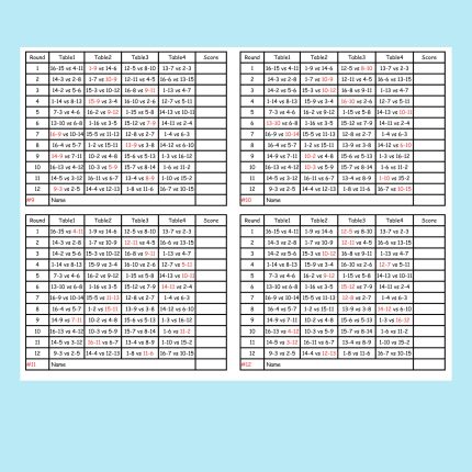 16 Person Euchre Tournament Rotation 4 Table Score Cards