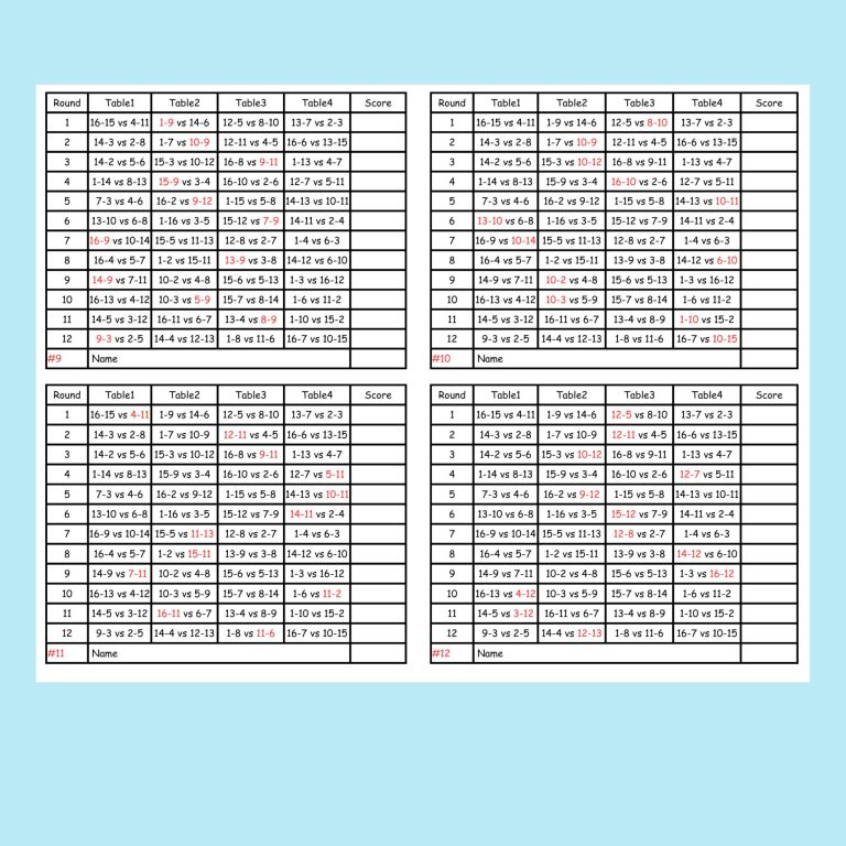 16 Person Euchre Tournament Rotation 4 Table Score Cards