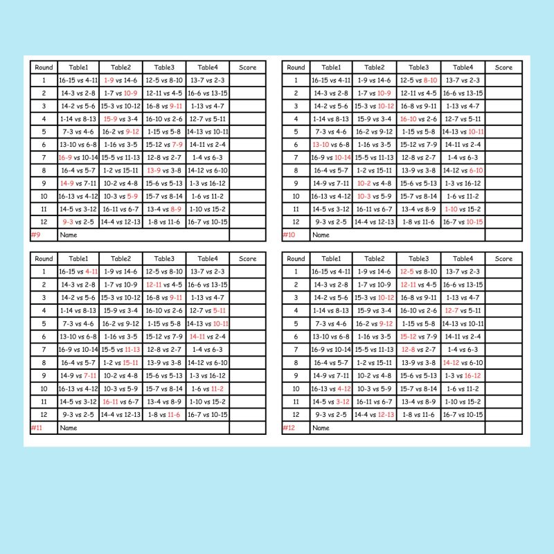 16 Person Euchre Tournament Rotation 4 Table Score Cards