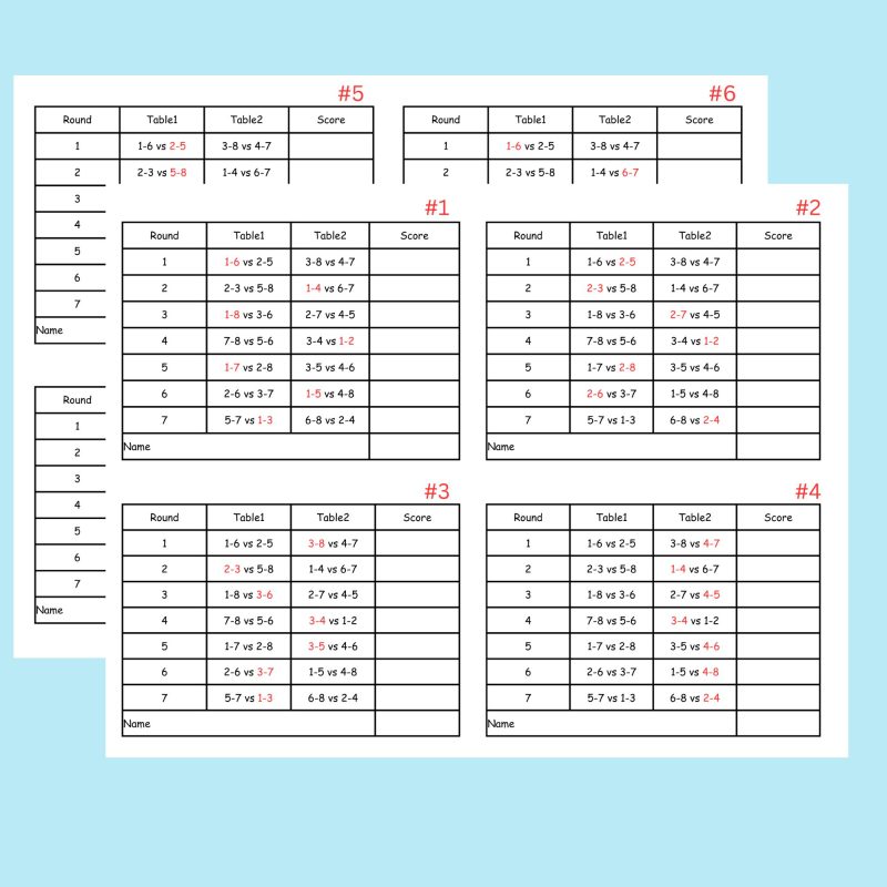 8 Person Euchre Tournament Rotation 2 Table Score Card