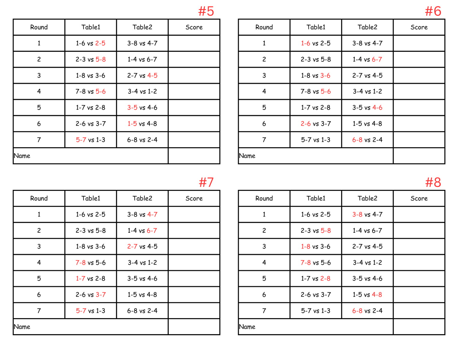 8 Person Euchre Tournament Rotation 2 Table Score Card
