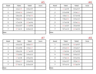 8 Person Euchre Tournament Rotation 2 Table Score Card