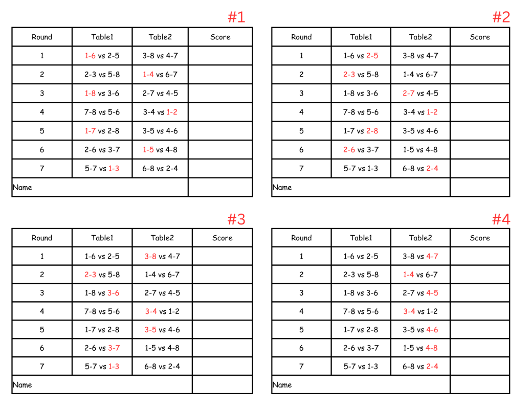 8 Person Euchre Tournament Rotation 2 Table Score Card