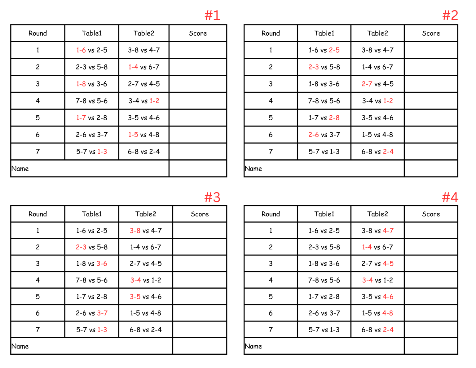 8 Person Euchre Tournament Rotation 2 Table Score Card