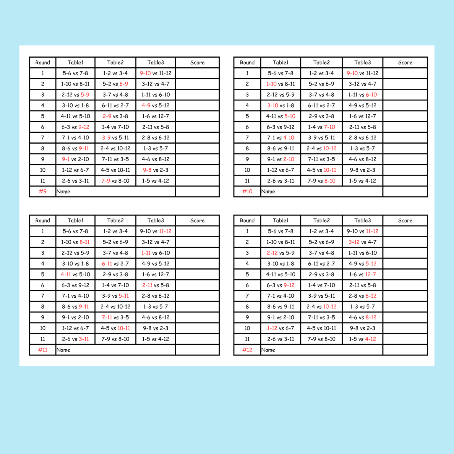 12 Person Euchre Tournament Rotation 3 Table Score Card