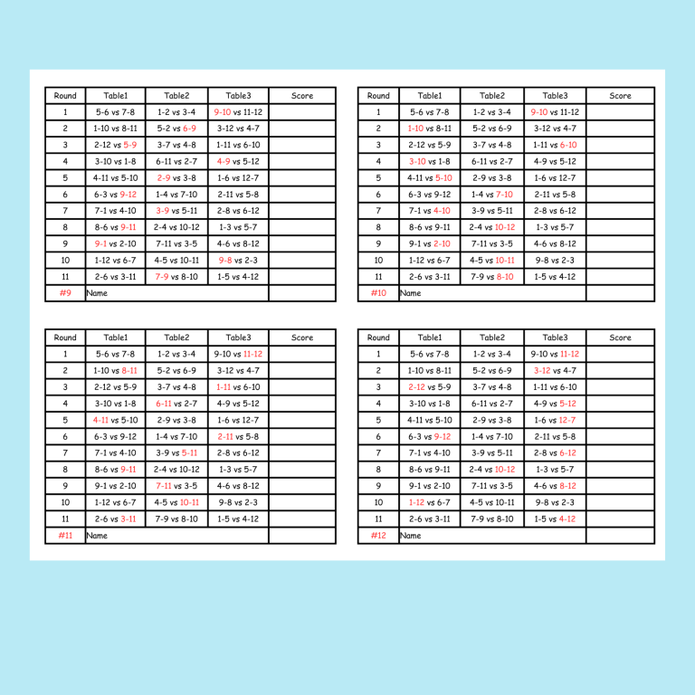 12 Person Euchre Tournament Rotation 3 Table Score Card