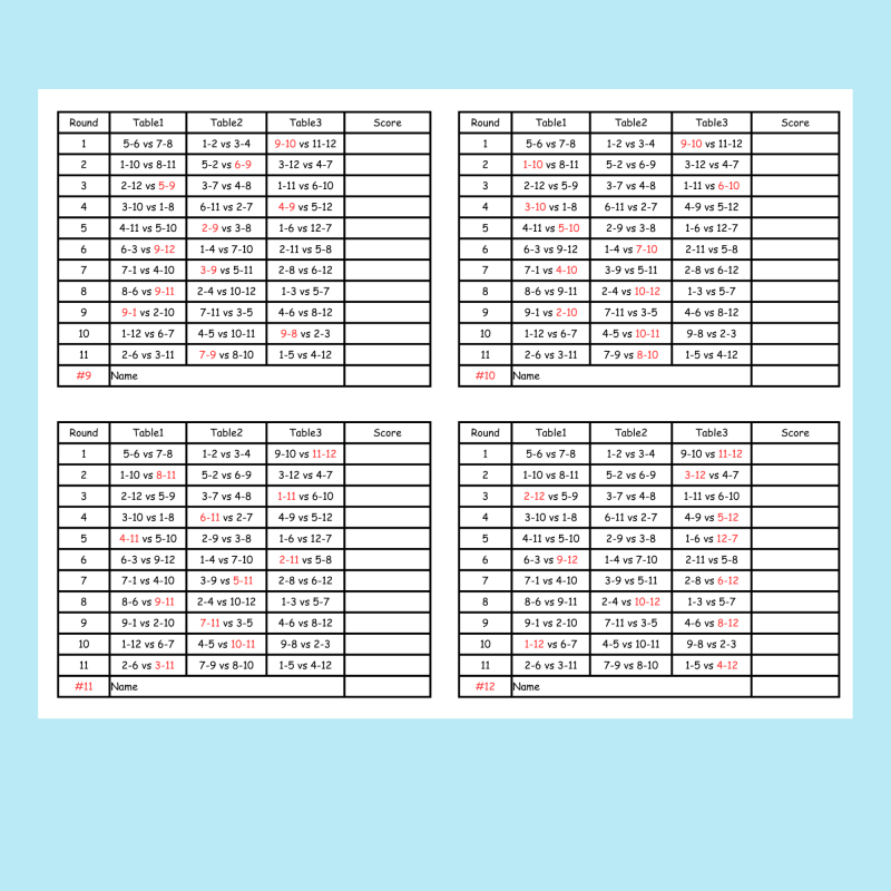 12 Person Euchre Tournament Rotation 3 Table Score Card