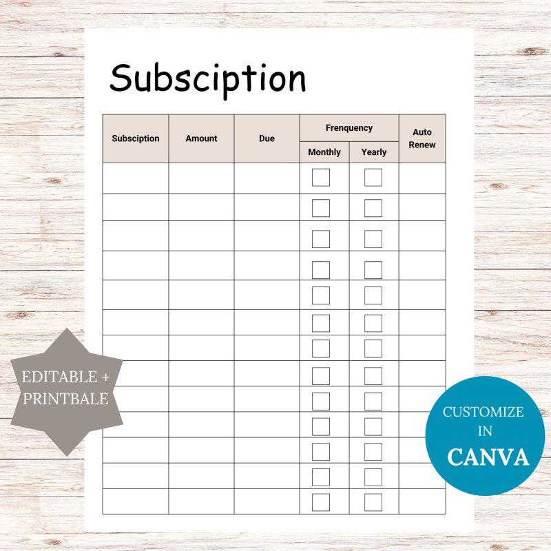 Editable Subscription Tracker Printable