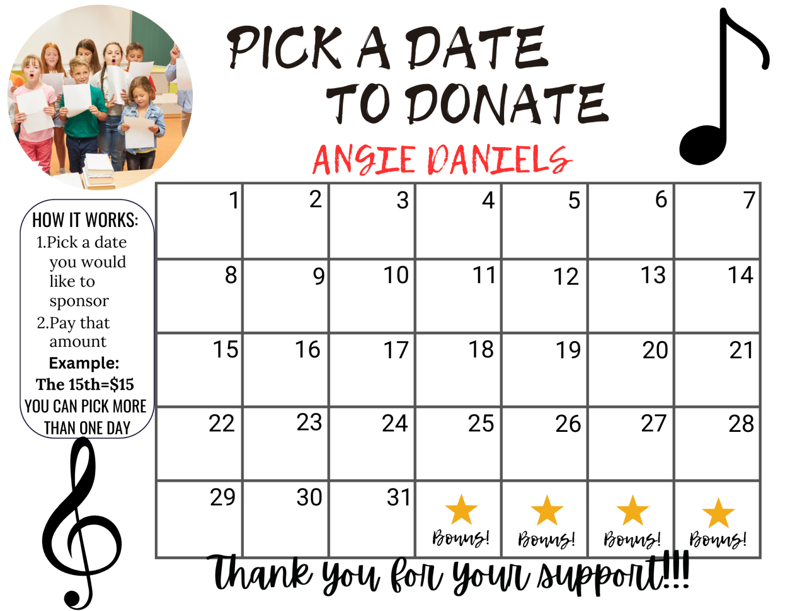 Editable Choir pick a date to donate Calendar Fundraiser Printable