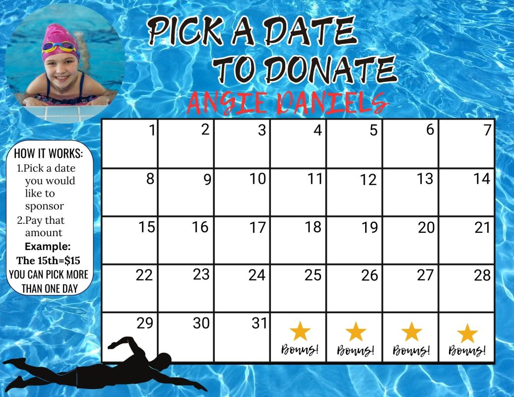 Editable Swim pick a date to donate Calendar Fundraiser Printable