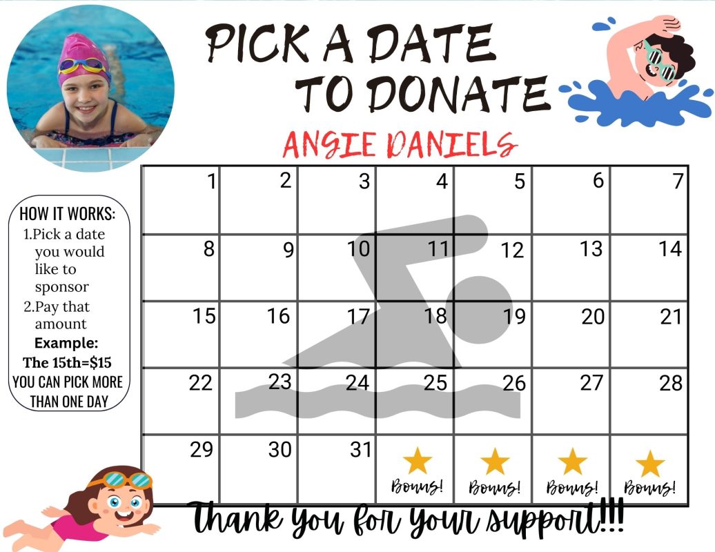 Editable Swim pick a date to donate Calendar Fundraiser Printable