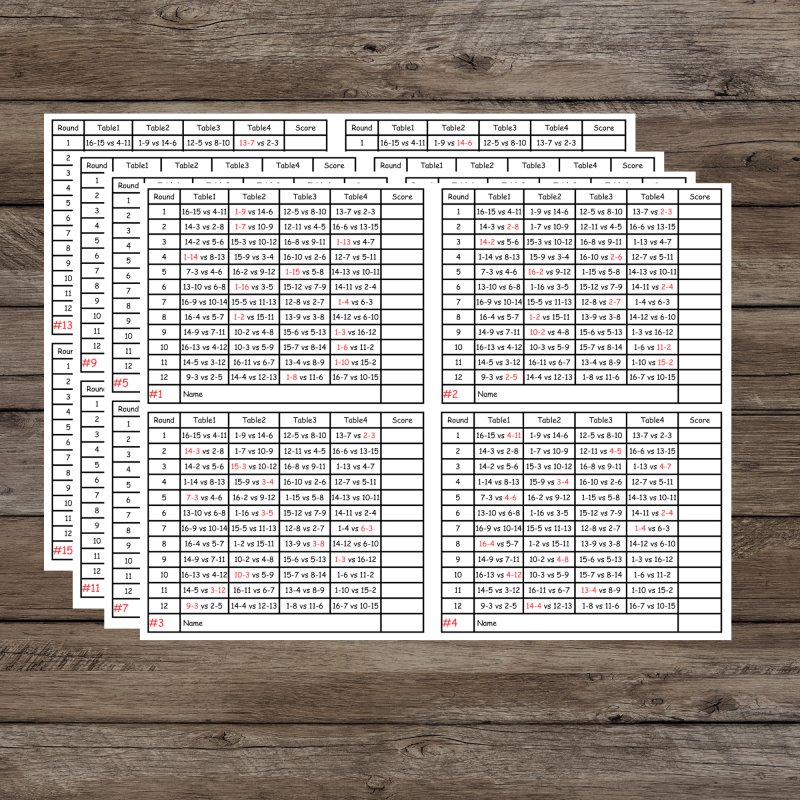 4 Tables Progressive Bridge Tally 16 Person (INSTANT DOWNLOAD)