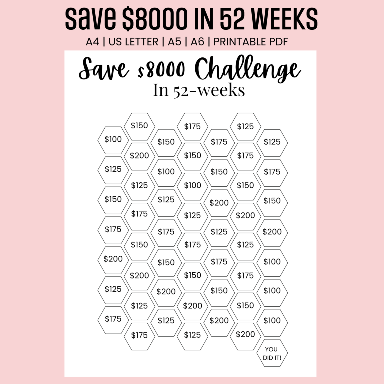 $8000 Saving Challenge 52 Weeks