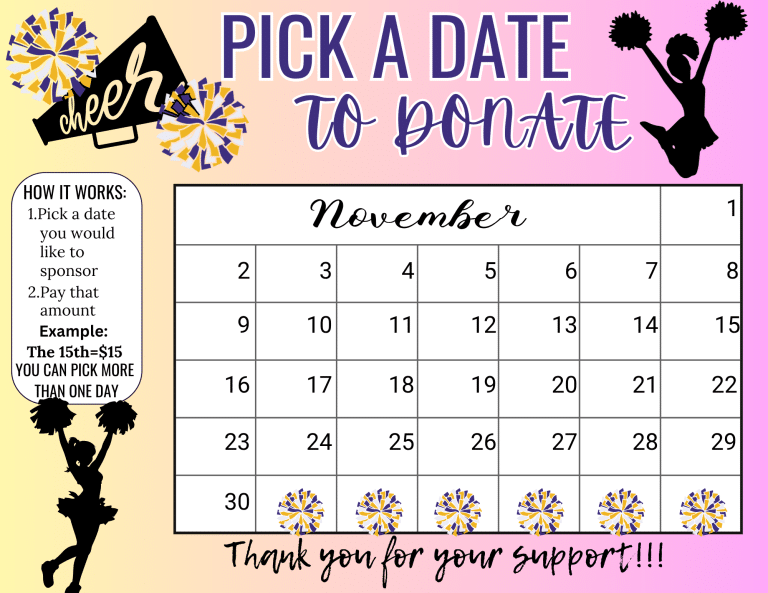 Cheer November Pick a Date to Donate Calendar Fundraiser (INSTANT DOWNLOAD)