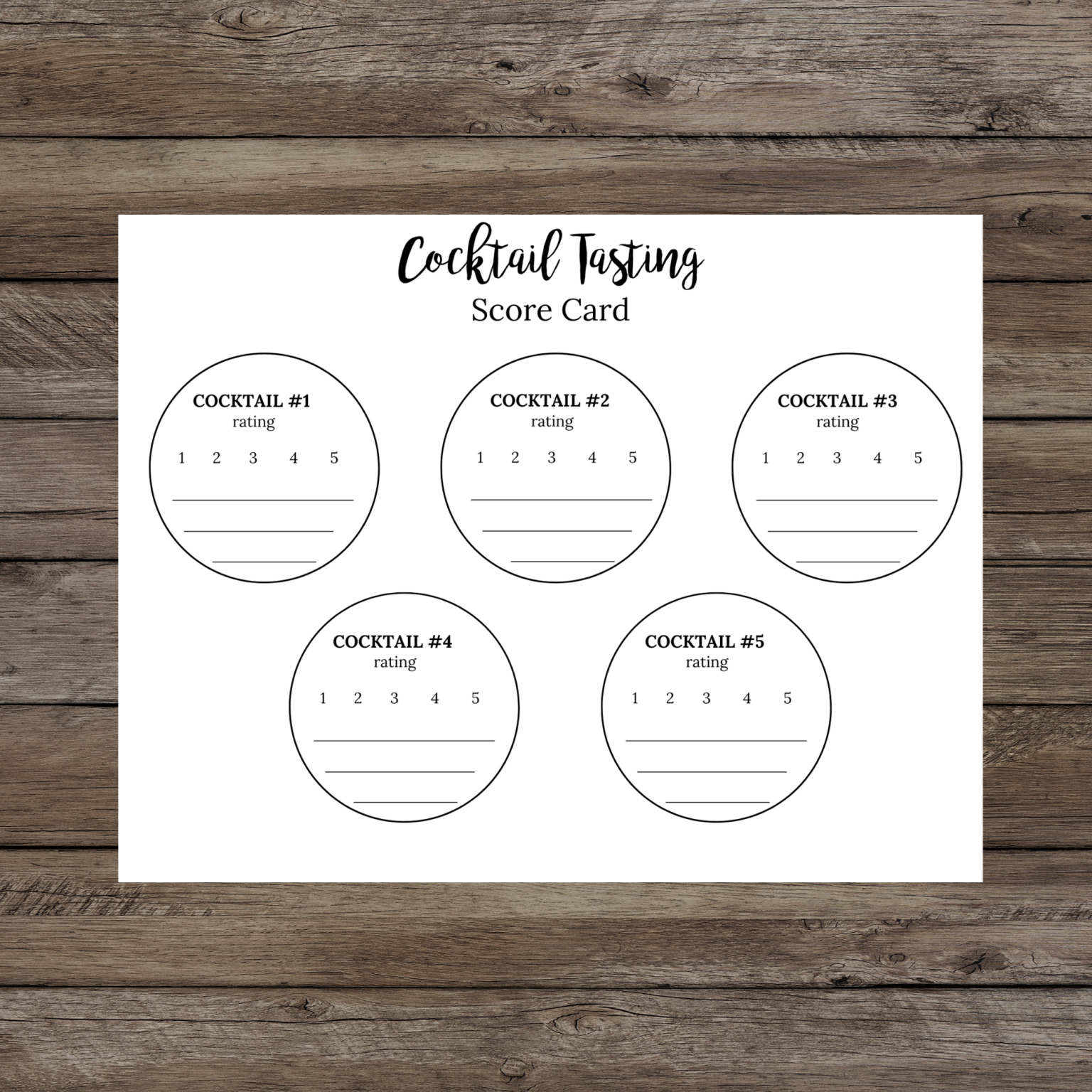 Cocktail Tasting Placemat Cocktail Tasting scorecard