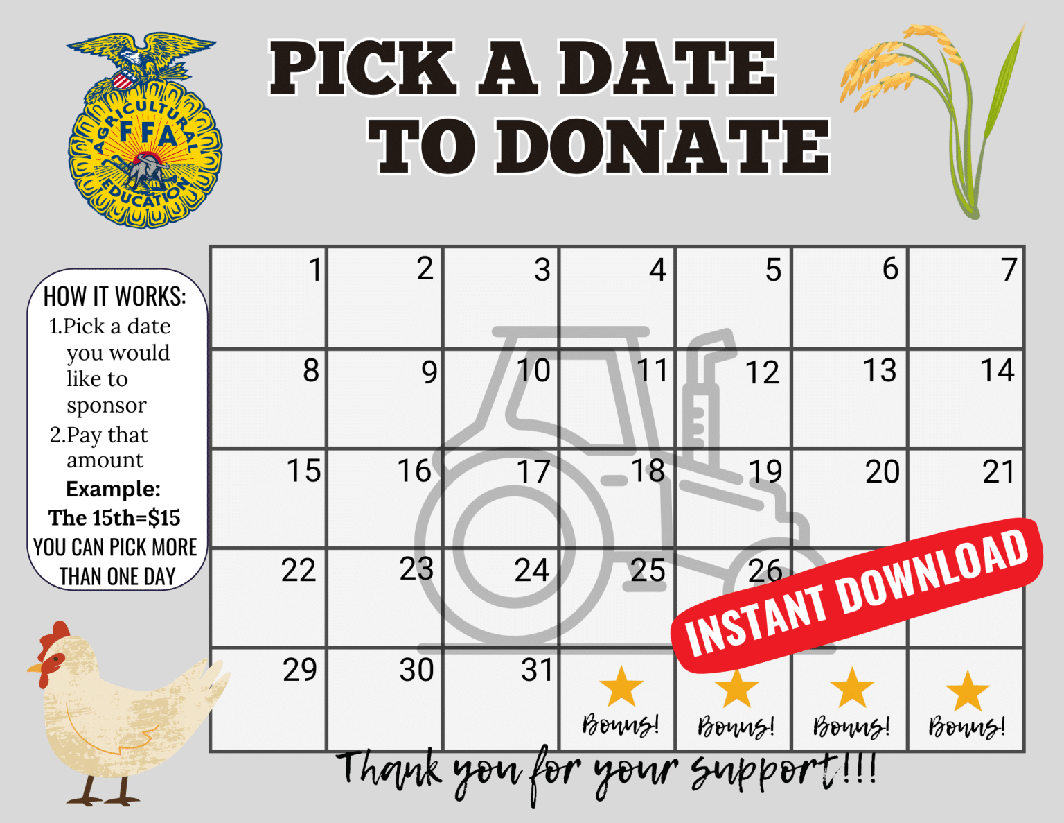 FFA Pick a Date to Donate Calendar Fundraiser (INSTANT DOWNLOAD)