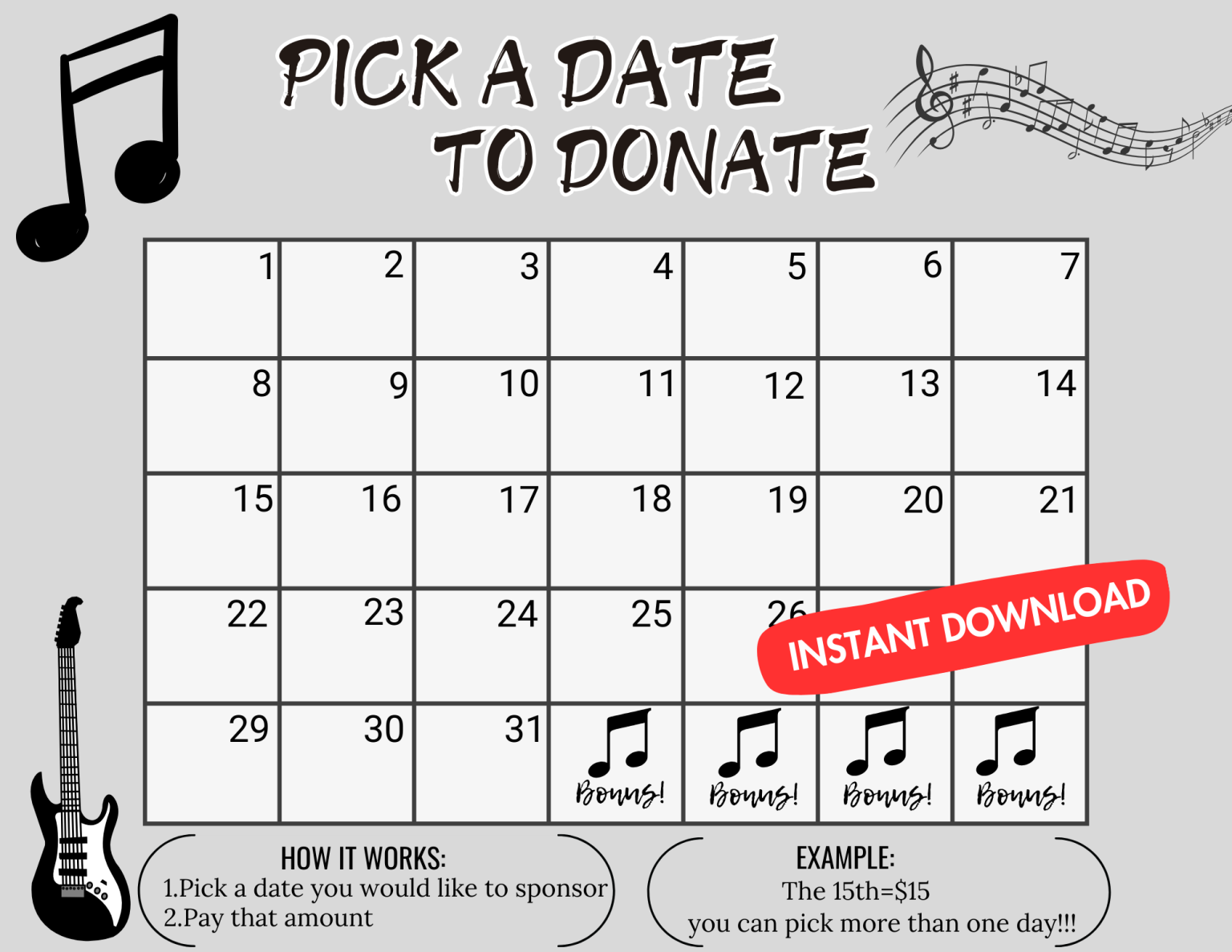 Music Band Pick a Date to Donate Calendar Fundraiser (INSTANT DOWNLOAD)