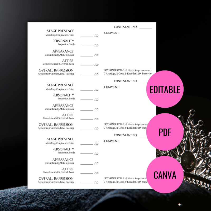 Editable Pageant Score Sheet PDF Printable (Instant Download)