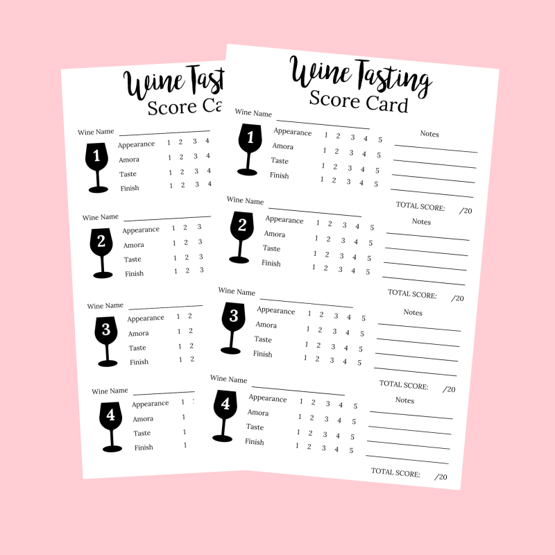 Wine Tasting Score Cards for 4 Wines