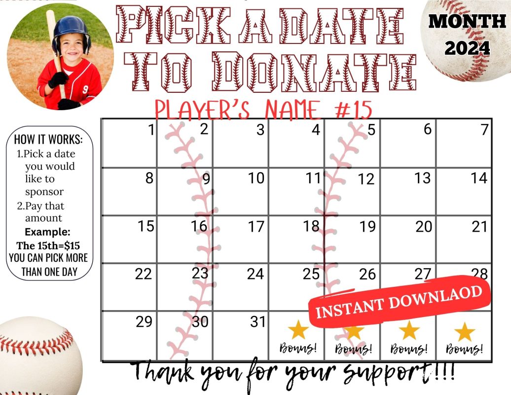 Editable Baseball Pick a Date to Donate Calendar Fundraiser (Instant ...