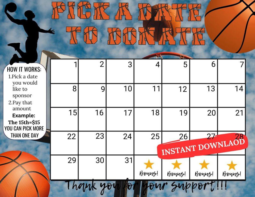 Editable Basketball Pick a Date to Donate Calendar Fundraiser(Instant ...