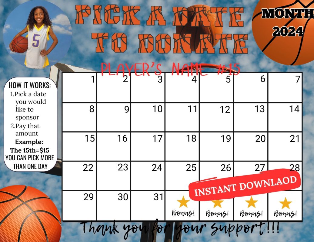 Editable Basketball Pick a Date to Donate Calendar Fundraiser(Instant ...