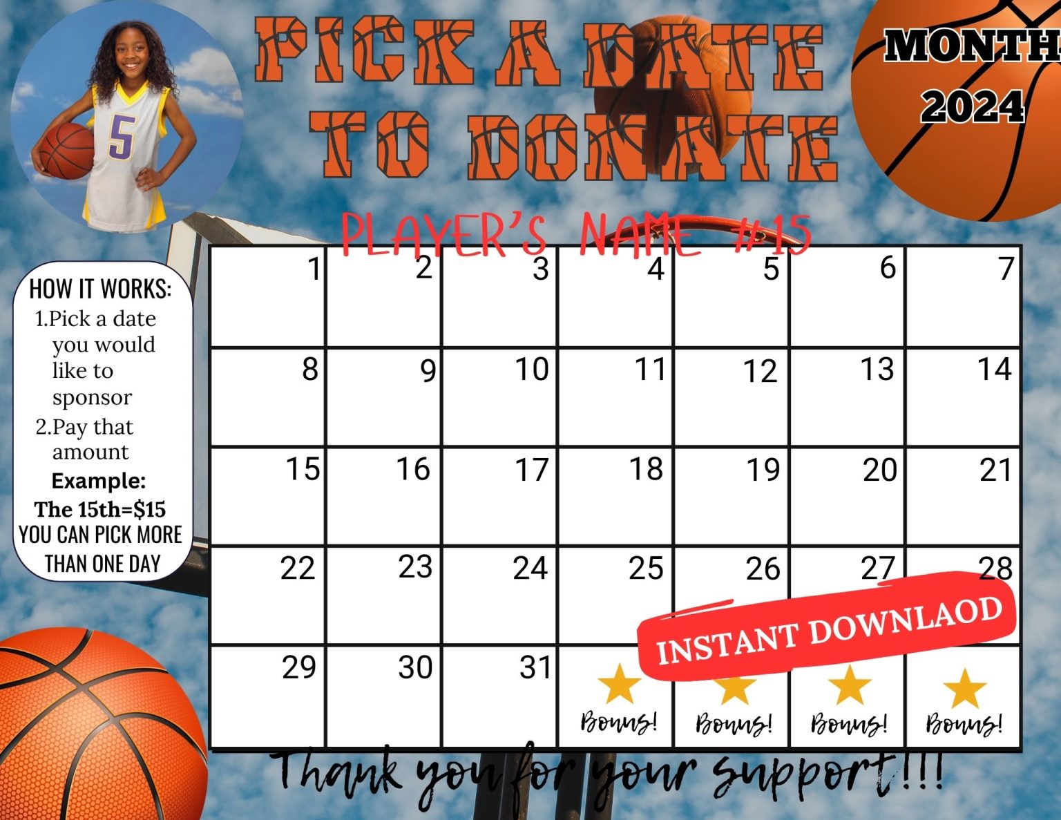 Editable Basketball Pick a Date to Donate Calendar Fundraiser(Instant ...